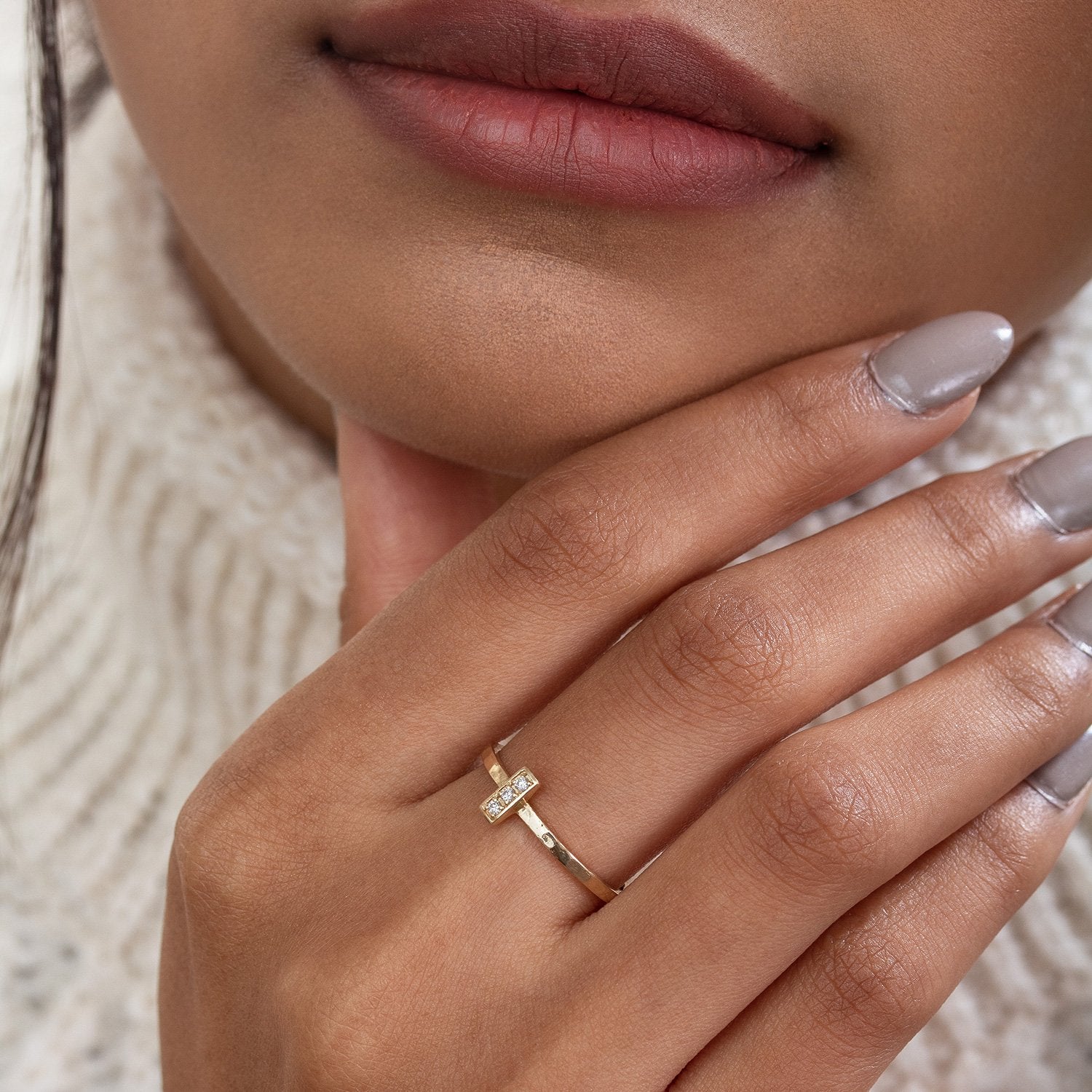 14k Diamond Trio Hammered Narrative Ring
